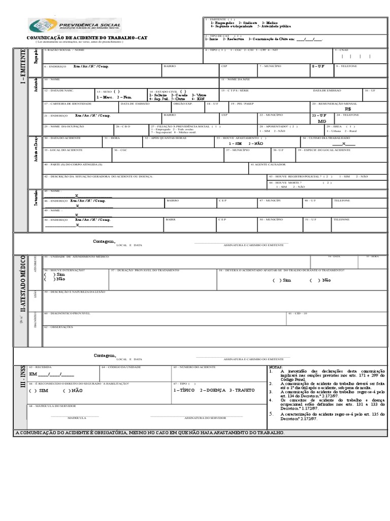 Comunicação de Acidente do Trabalho: Documento preenchido para relatar ...