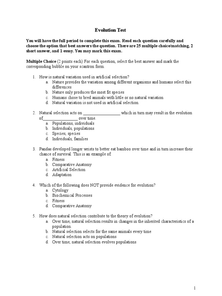 Evolution Test Pdf Natural Selection Selective Breeding