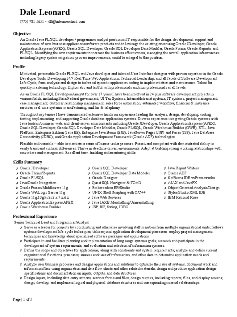 Dale Leonard Resume 2010 | PDF | Oracle Database | Programmer