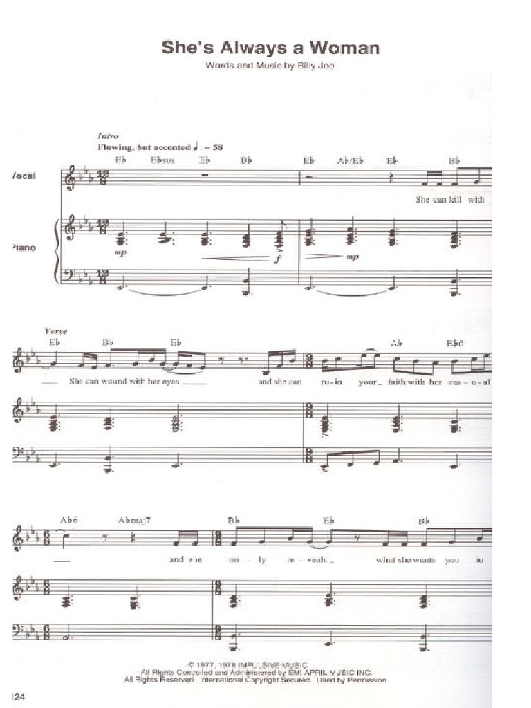 She's Always a Woman to Me Piano Sheet Music She's Always a Woman to Me Piano Sheet Music