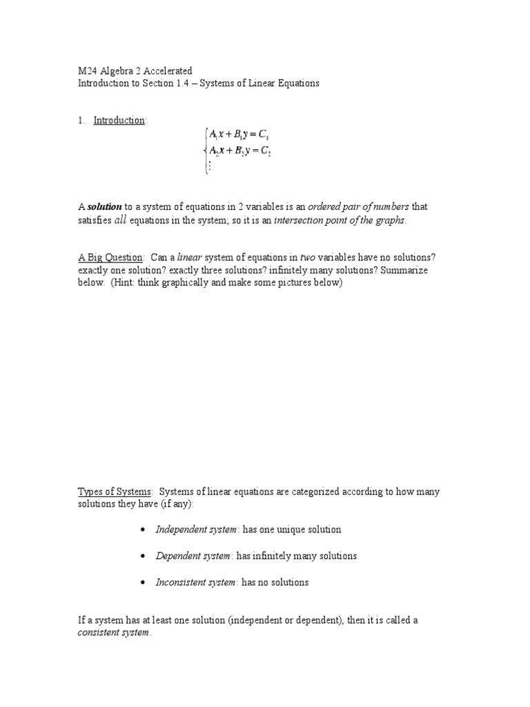 Independent System: Has One Unique Solution Dependent System: Has ...
