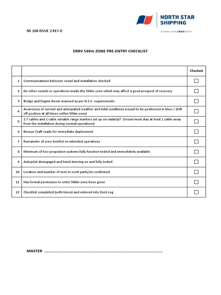 Errv 500M Zone Pre-Entry Checklist: Ns 106 Issue 2 Rev 0 | PDF ...