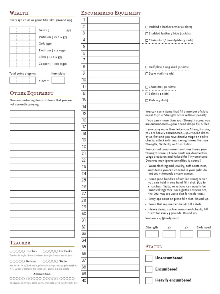 Dungeons & Dragons 5e Inventory Tracking Sheet