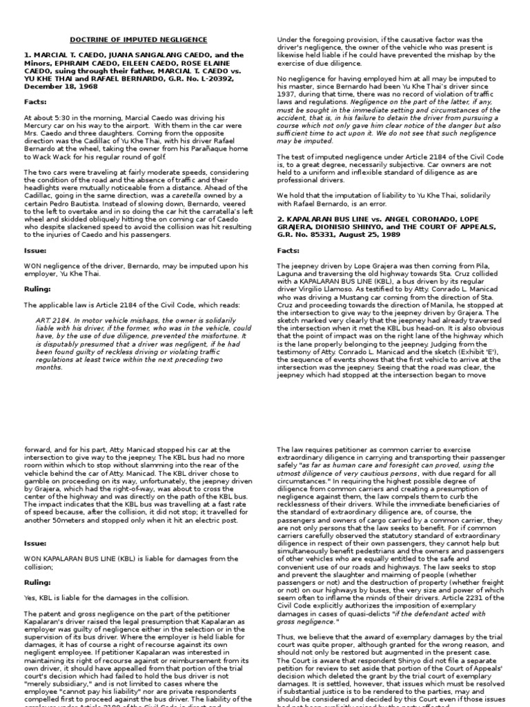 Doctrine of Imputed Negligence CASE DIGEST | Negligence | Contributory ...