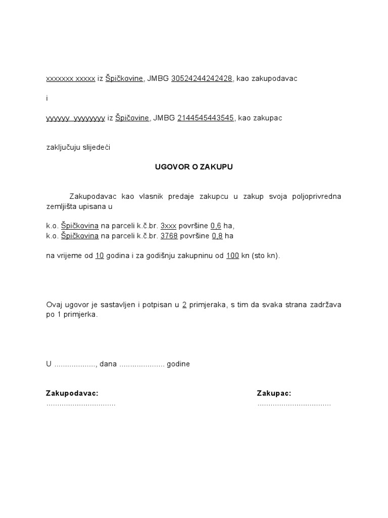 Ugovor o Zakupu Zemljišta | PDF