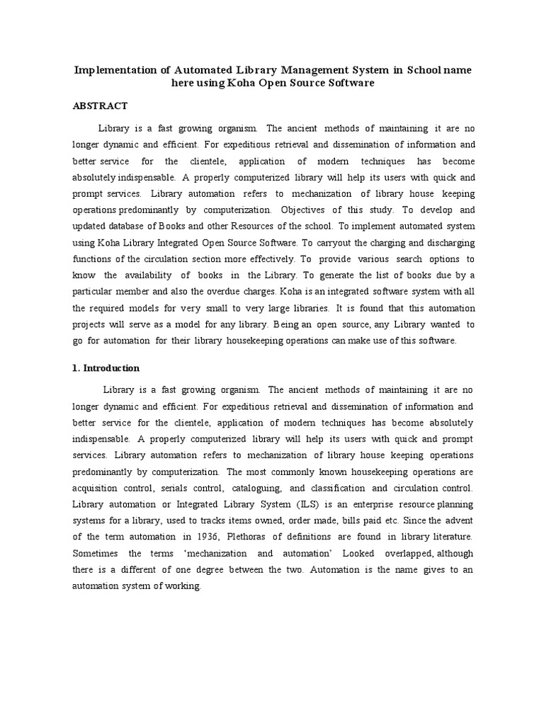 Implementation of Automated Library Management System in School Name Here Using Koha Open Source ...
