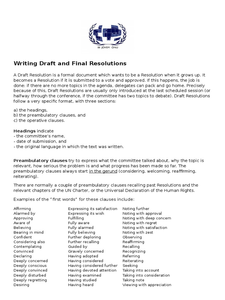 Draft and Final Resolutions How To Write Them 1 | PDF | United Nations ...