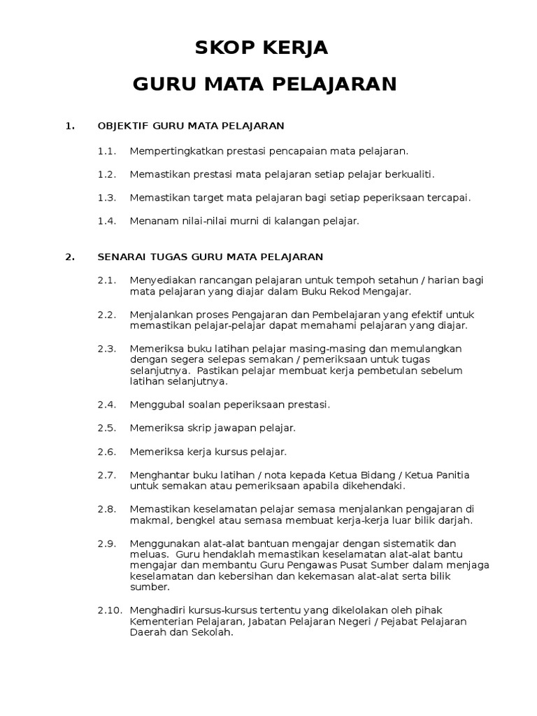 Skop Kerja Guru Mata Pelajaran | PDF