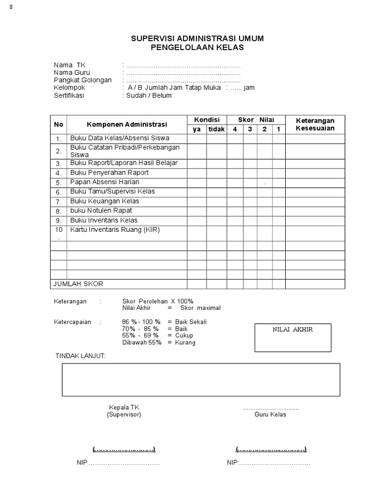 Instrumen Supervisi Administrasi Kelas | PDF