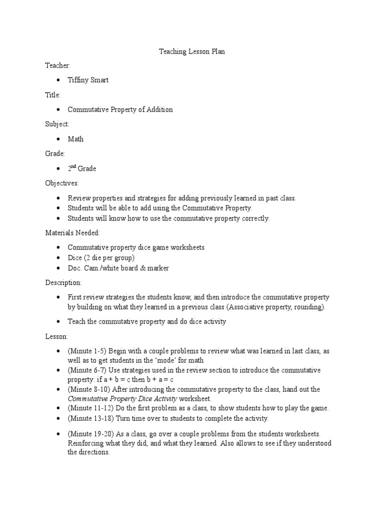 Commutative Property Dice Activity Worksheet | PDF | Teaching Methods ...