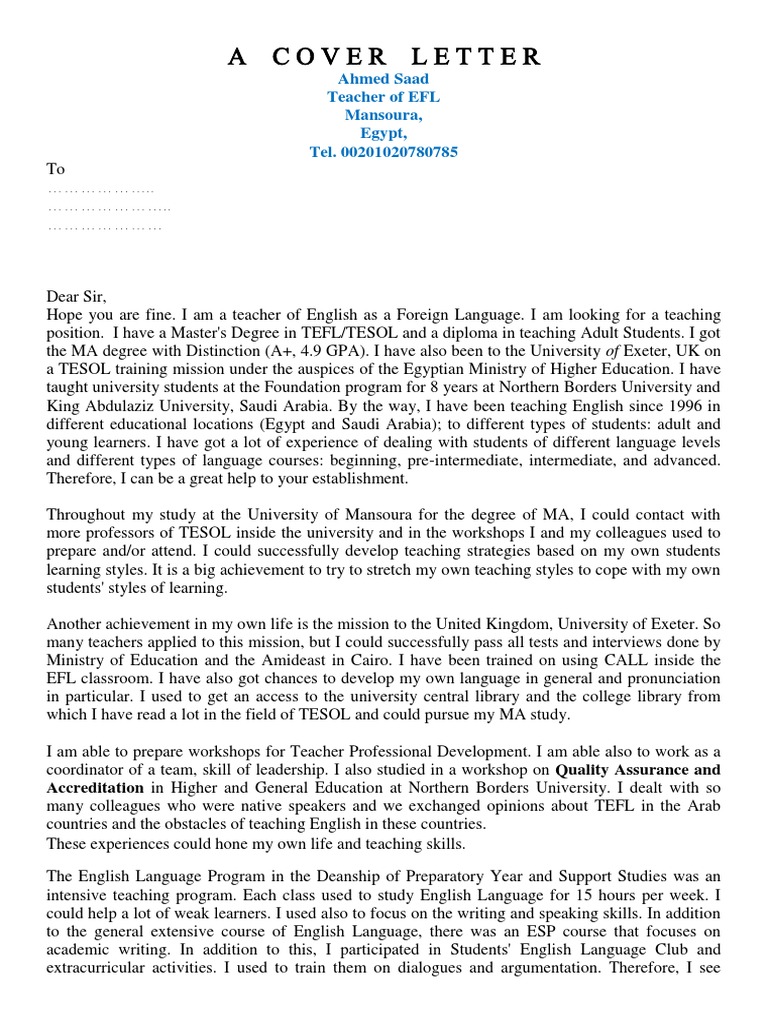 A Cover Letter: Ahmed Saad Teacher of EFL Mansoura, Egypt, Tel. 00201020780785 | PDF | Teaching ...