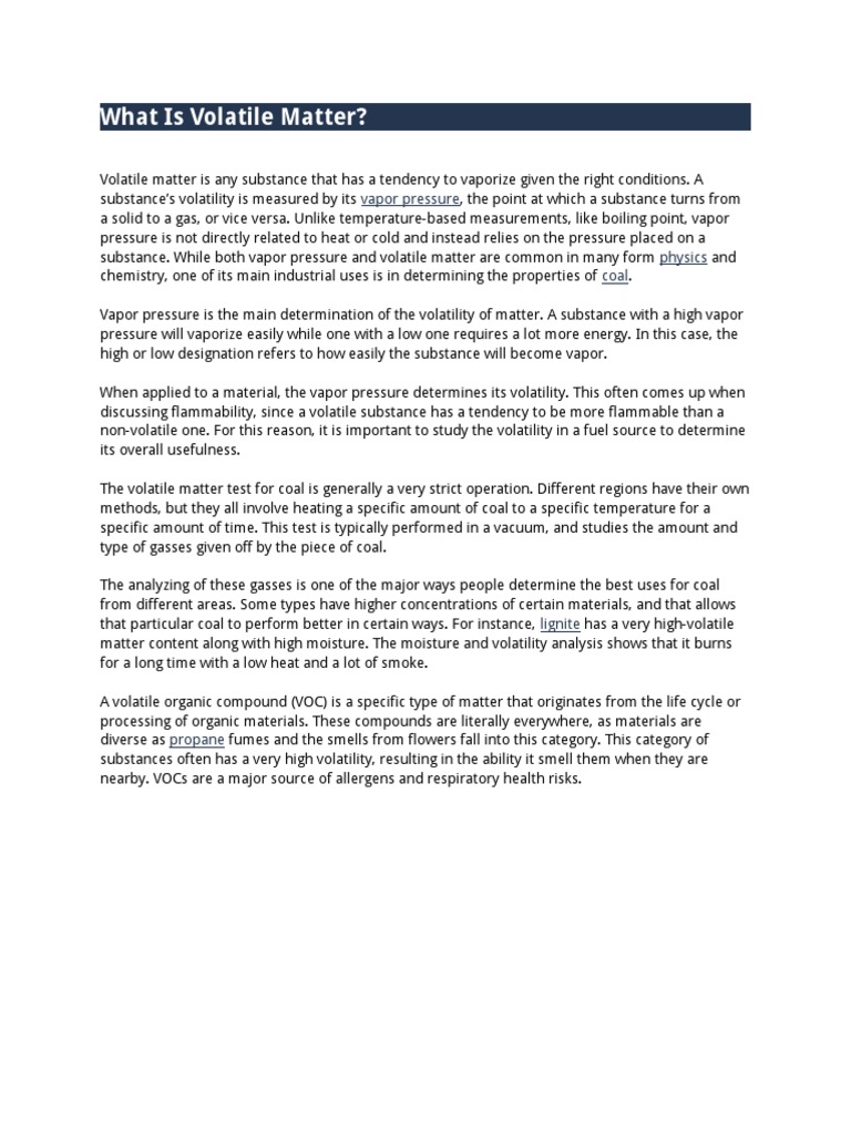 Understanding Volatile Matter and Its Uses | PDF