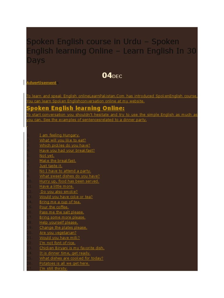 Spoken English Course in Urdu | PDF | Eating Behaviors Of Humans | Food ...