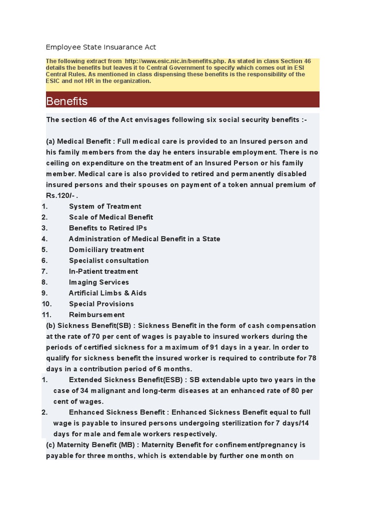 Benefits: Employee State Insuarance Act | PDF | Employment | Government
