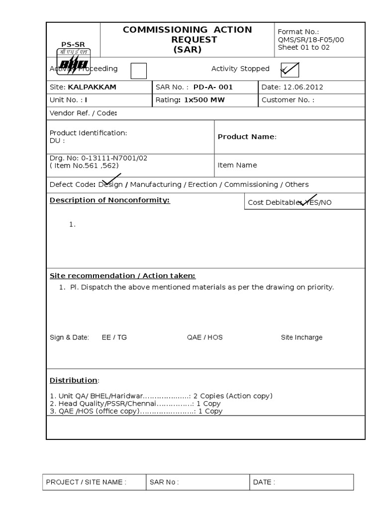 Commissioning Action Request (SAR) : PS-SR | PDF
