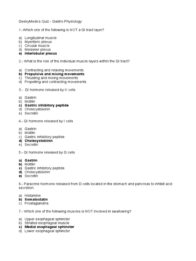 Gastro Physiology Quiz | PDF | Gastrointestinal Tract | Stomach