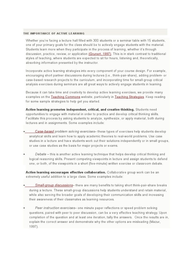 The Importance of Active Learning | PDF | Lecture | Critical Thinking