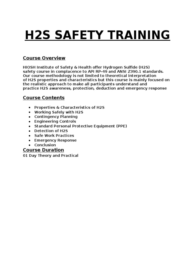 H2S Safety Training Course Overview | PDF