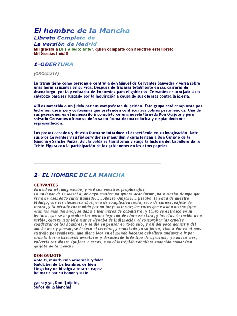 El Hombre de la Mancha: Libreto Completo | PDF | Don Quijote | Miguel ...