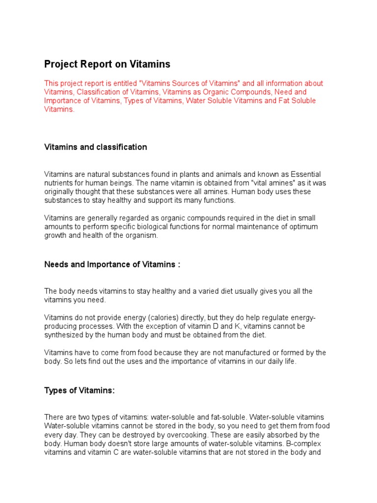 Project Report On Vitamins | PDF | Vitamin | Nutrition