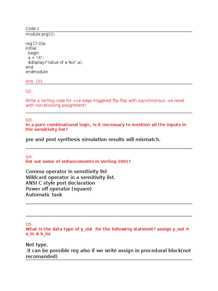 Verilog Interview Questions Pdf Electronics Software Engineering