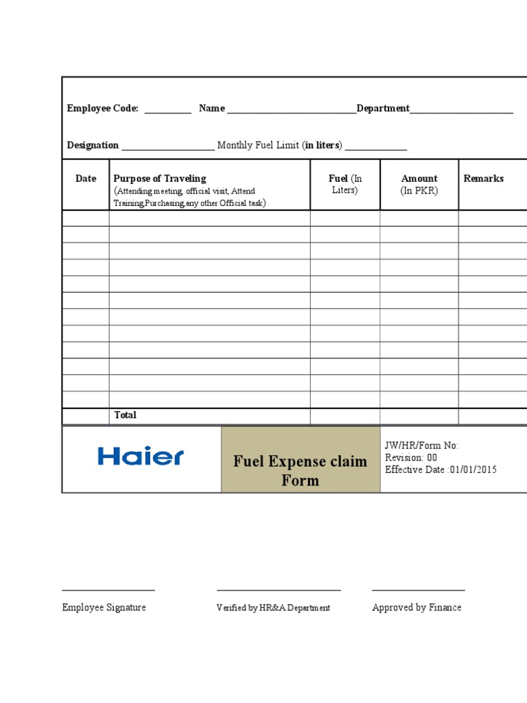 Fuel Expense Claim Form: Employee Code: - Name - Department | PDF ...