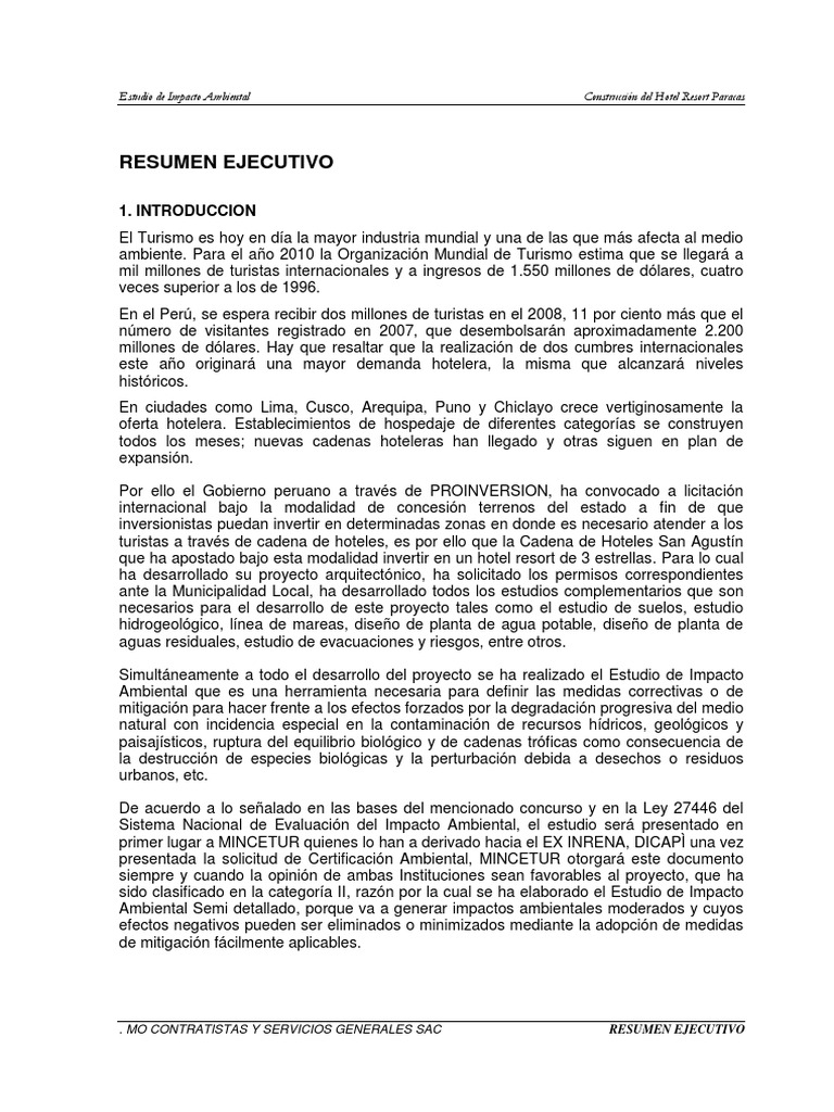 c.002 EIA-sd SAN AGUSTIN Resumen Ejecutivo | PDF | Turismo | Evaluación de impacto ambiental