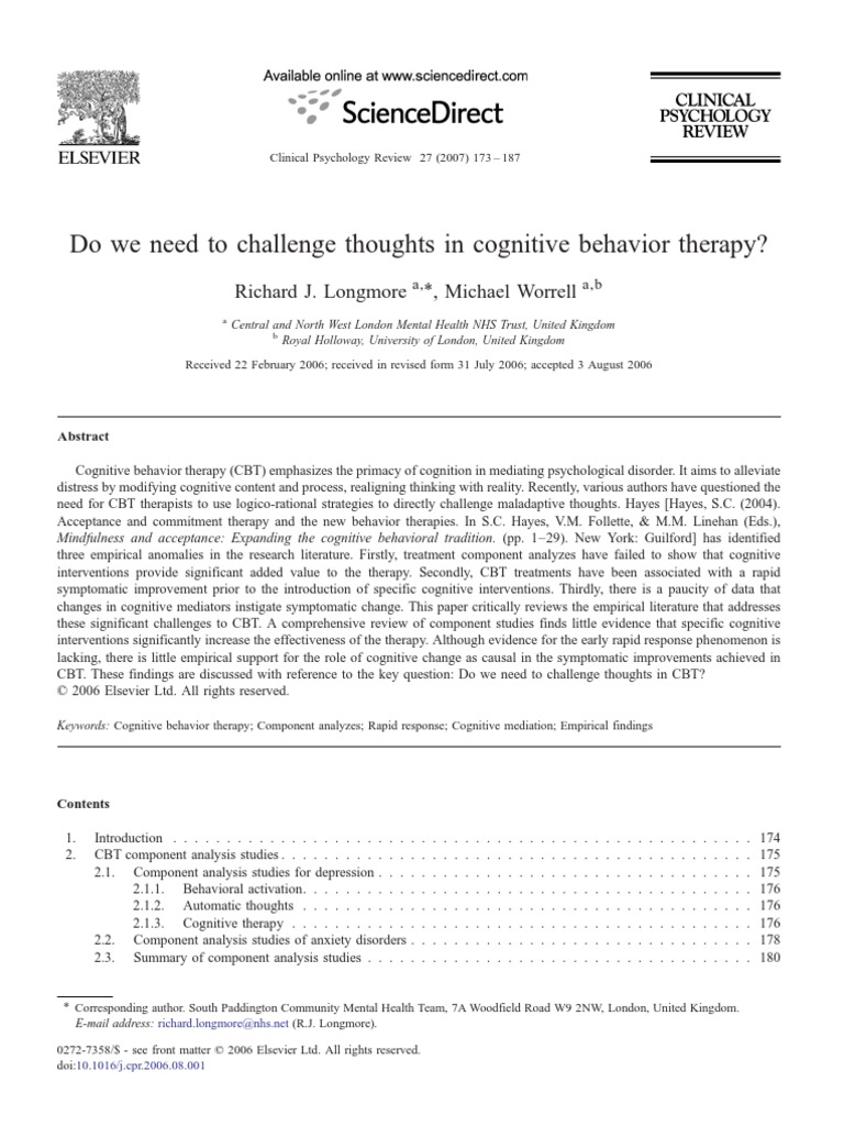 Critique of CBT 2007 Richard J. Longmore & Michael Worrell | PDF ...