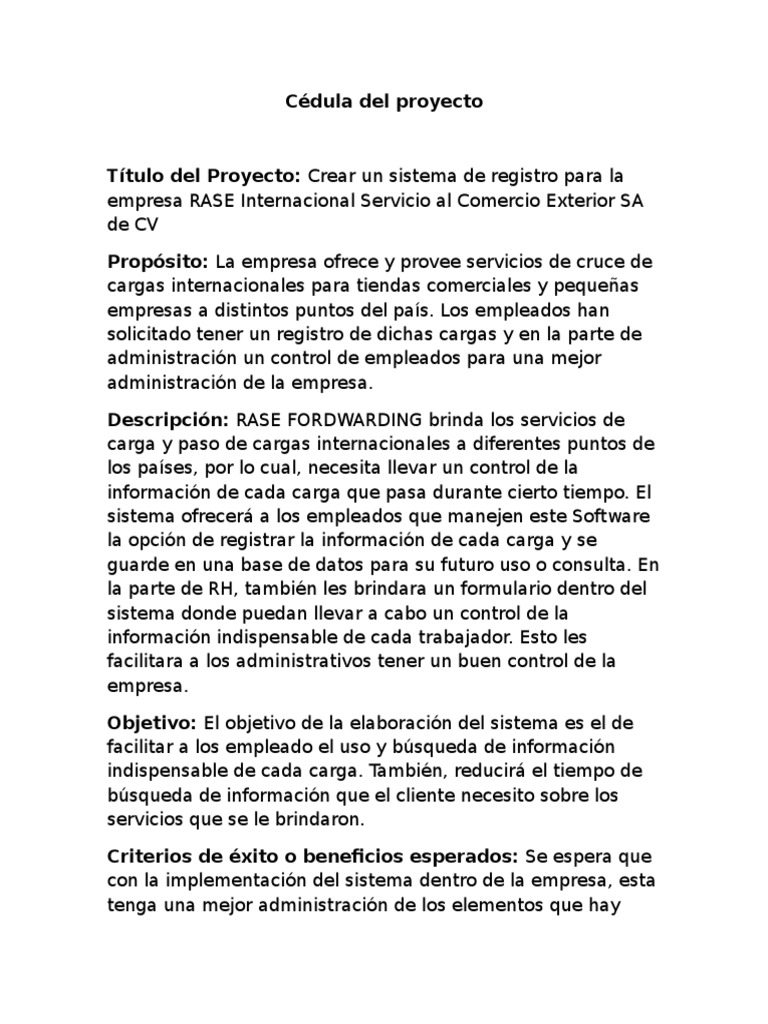 Cedula Del Proyecto | PDF | Software | Informática