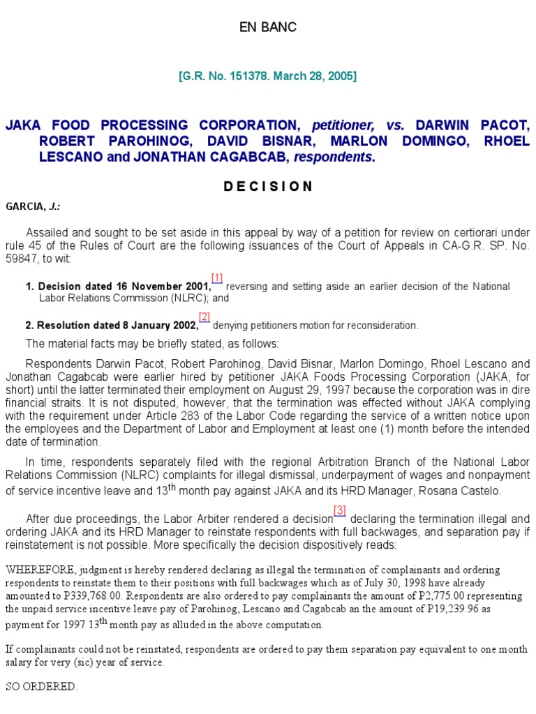 Jaka Food Processing Corp Vs Pacot | PDF | Employment | Indemnity