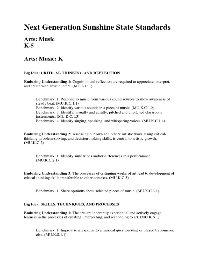 Florida Music Standards K-5 | PDF | Singing | The Arts