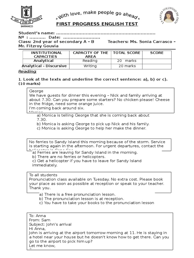 First Progress English Test: Reading | PDF | Accent (Sociolinguistics ...