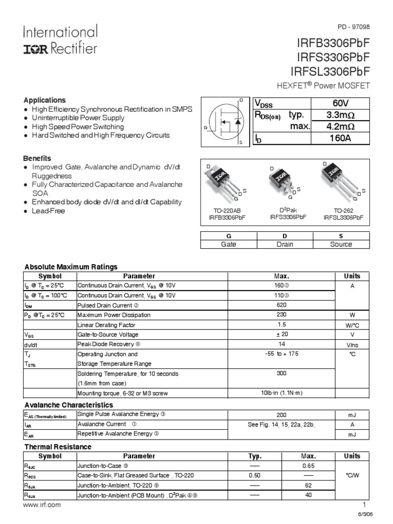 IRFB 3306 | Field Effect Transistor | Diode | Free 30-day Trial | Scribd