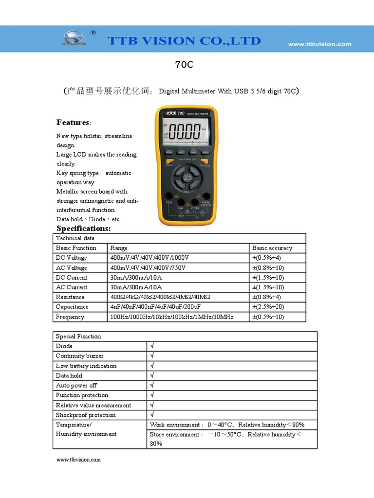 Digital Multimeter 70C Specifications | PDF