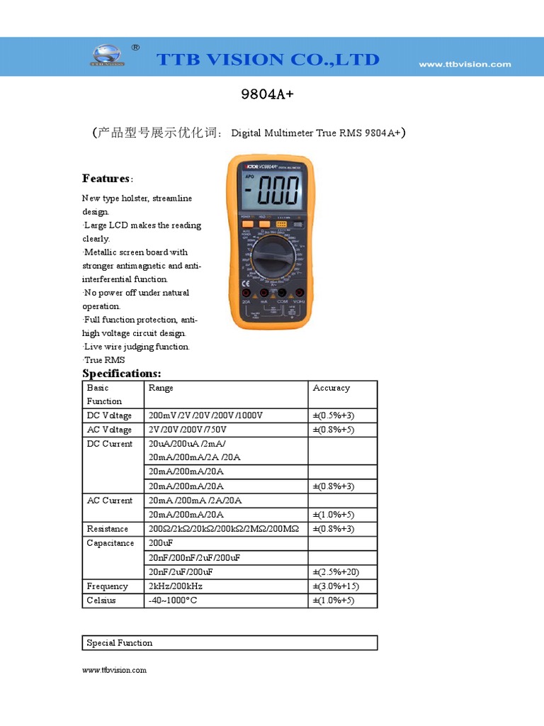 Digital Multimeter 9804A+ Features & Specs | PDF