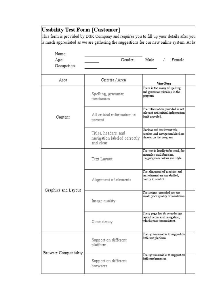 Usability Test Form (Customer) : Spelling, Grammar, Mechanics | PDF ...