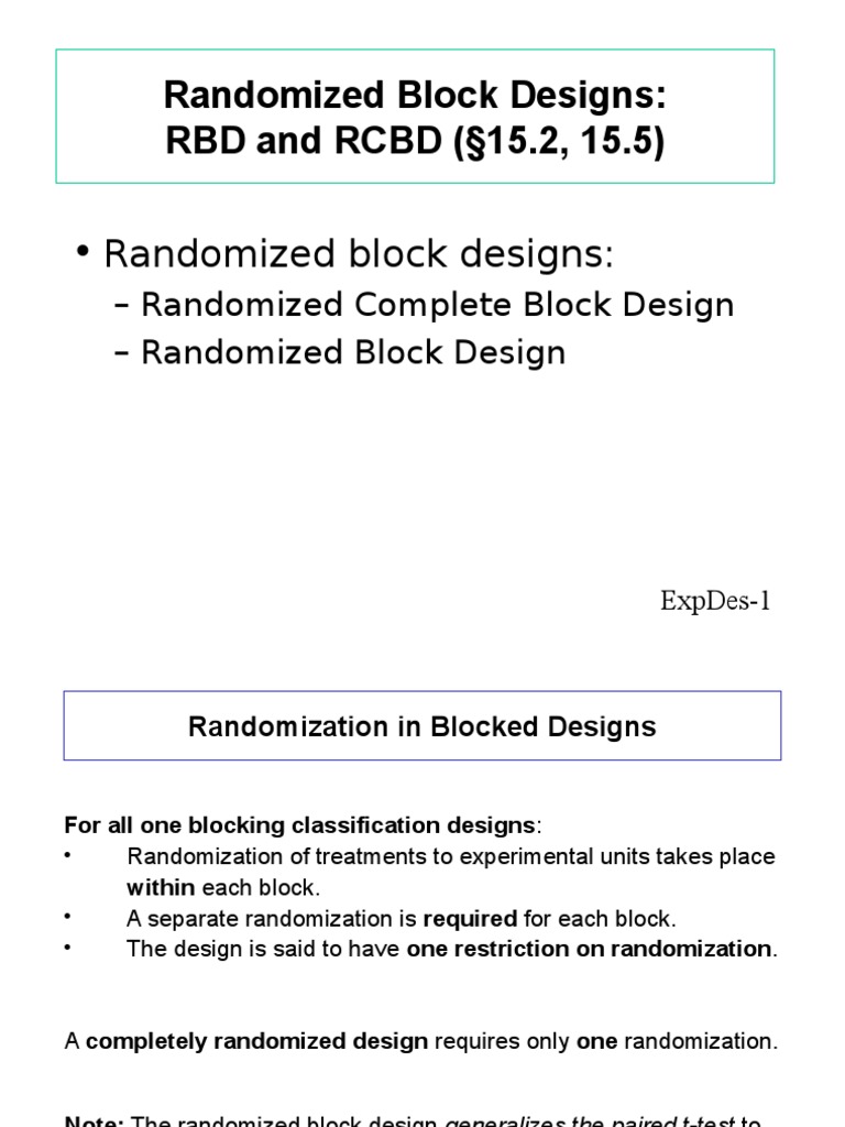 Randomized Block Designs: RBD and RCBD ( 15.2, 15.5) | PDF | Analysis Of Variance | Errors And ...