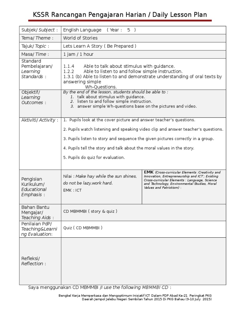 KSSR Rancangan Pengajaran Harian / Daily Lesson Plan: Learning ...