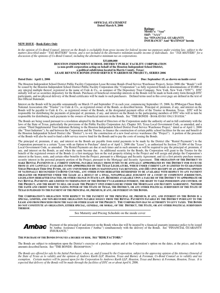 HISD Public Facilities Corp. Bond Issuance Official Statement | PDF ...