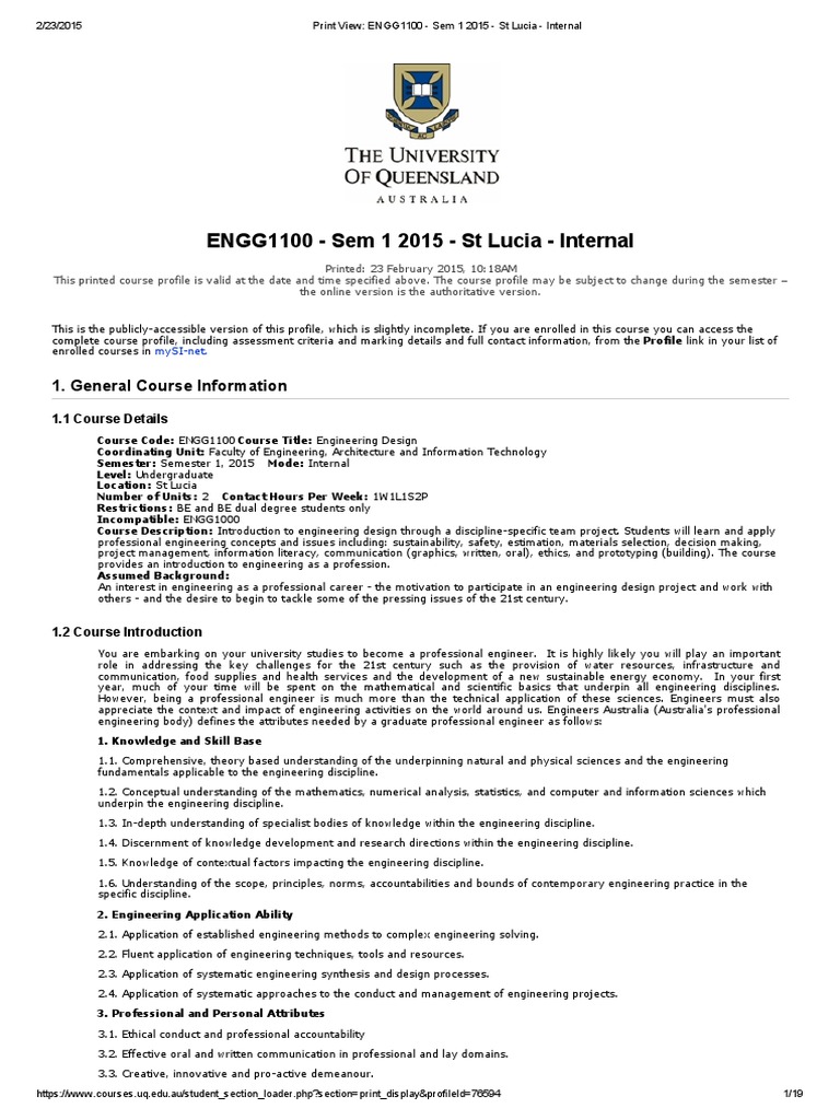 ENGG1100 Course Profile | PDF | Engineering | Educational Assessment
