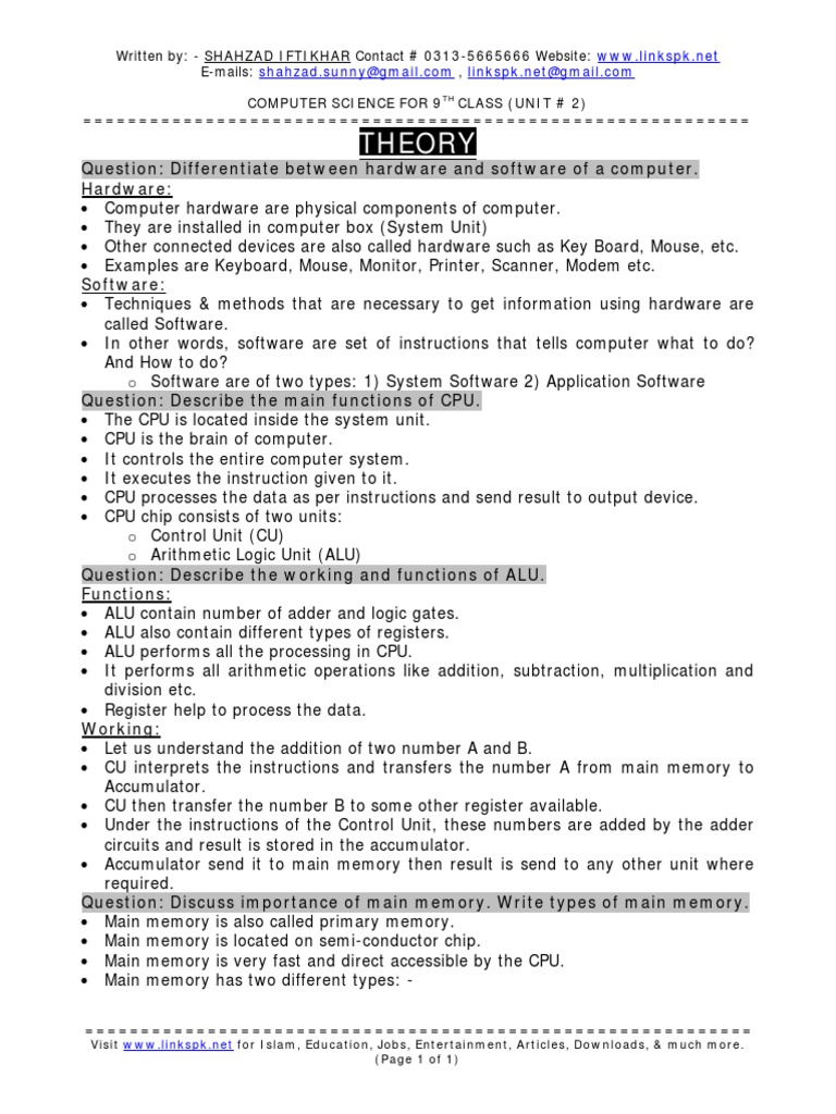 Theory: Computer Science For 9 Class (Unit # 2) | PDF | Computer Data ...