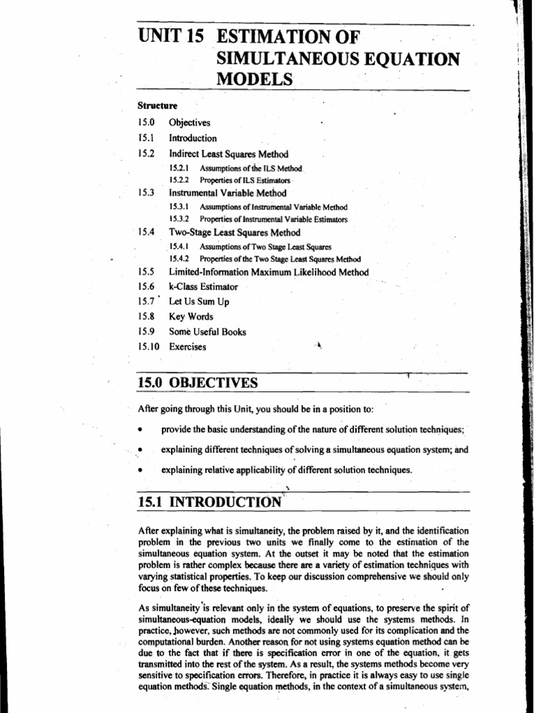 Unit 15 Estimation Of: Simultaneous Equation Models | PDF | Instrumental Variable | Ordinary ...