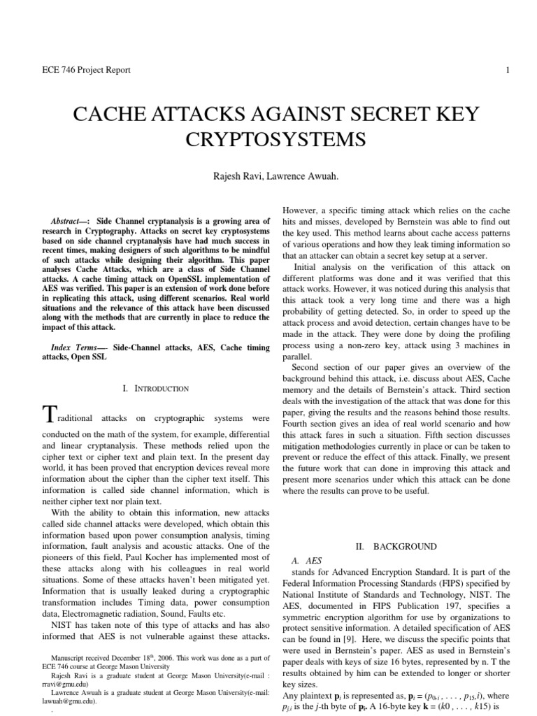 Cache Attacks Against Secret Key Cryptosystems: Rajesh Ravi, Lawrence Awuah | PDF | Cpu Cache ...