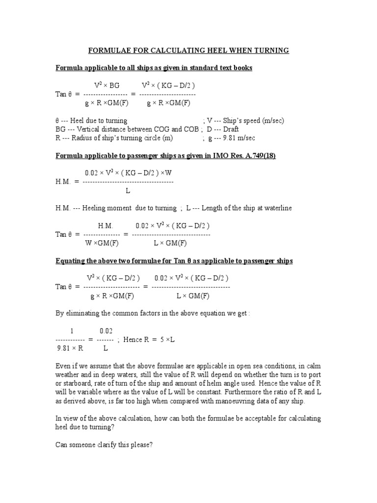 Heel Calculation for Ship Turning | PDF