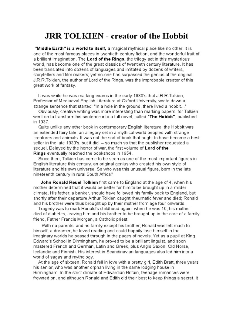 JRR TOLKIEN - Creator of The Hobbit: "Middle Earth" Is A World To ...