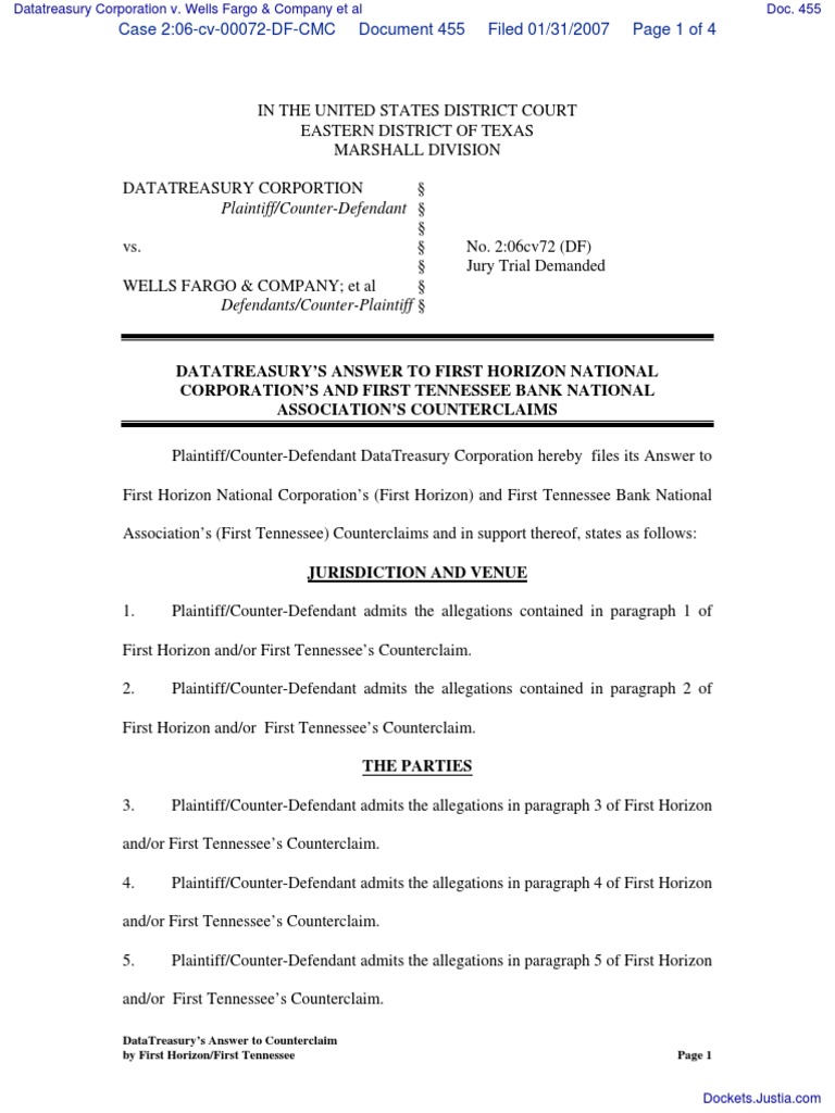 Datatreasury Corporation v. Wells Fargo & Company Et Al - Document No. 455 | PDF | Complaint ...