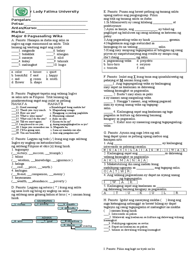 Pagsasaling Wika No. 1 Test
