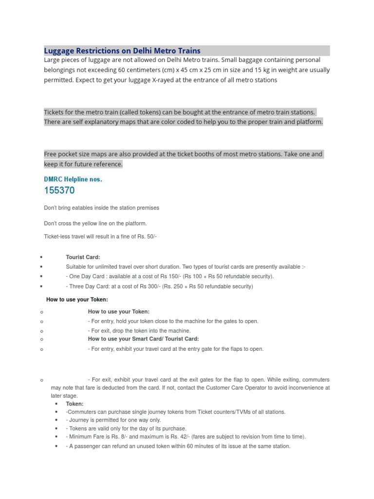 Luggage Restrictions On Delhi Metro Trains: DMRC Helpline Nos | PDF ...
