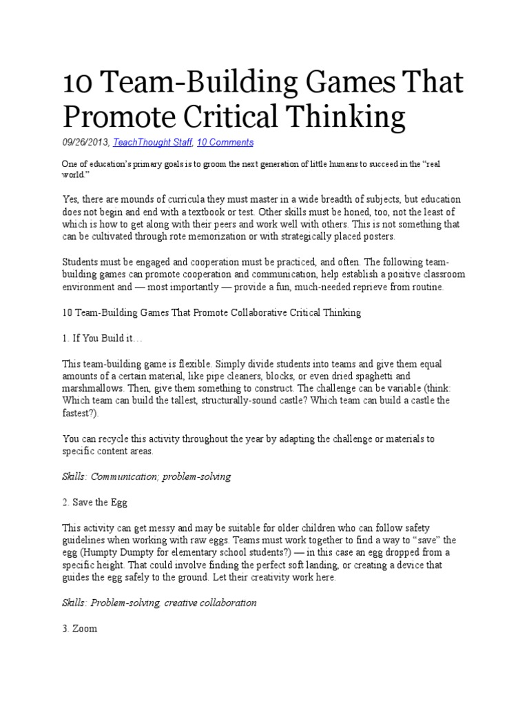 10 Team-Building Games That Promote Critical Thinking: Teachthought ...