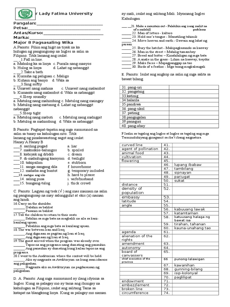 Walang Sagot-Long Test Pagsasaling Wika No. 1 Test | PDF